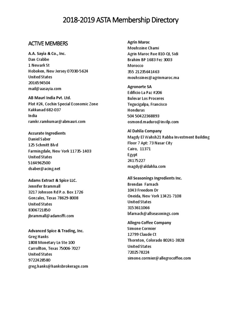 2018-2019 ASTA Member Directory | PDF | Spice | Food And Drink