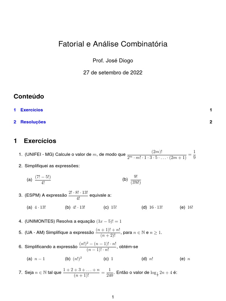 Exercicios Fatorial e Analise Combinatoria | PDF