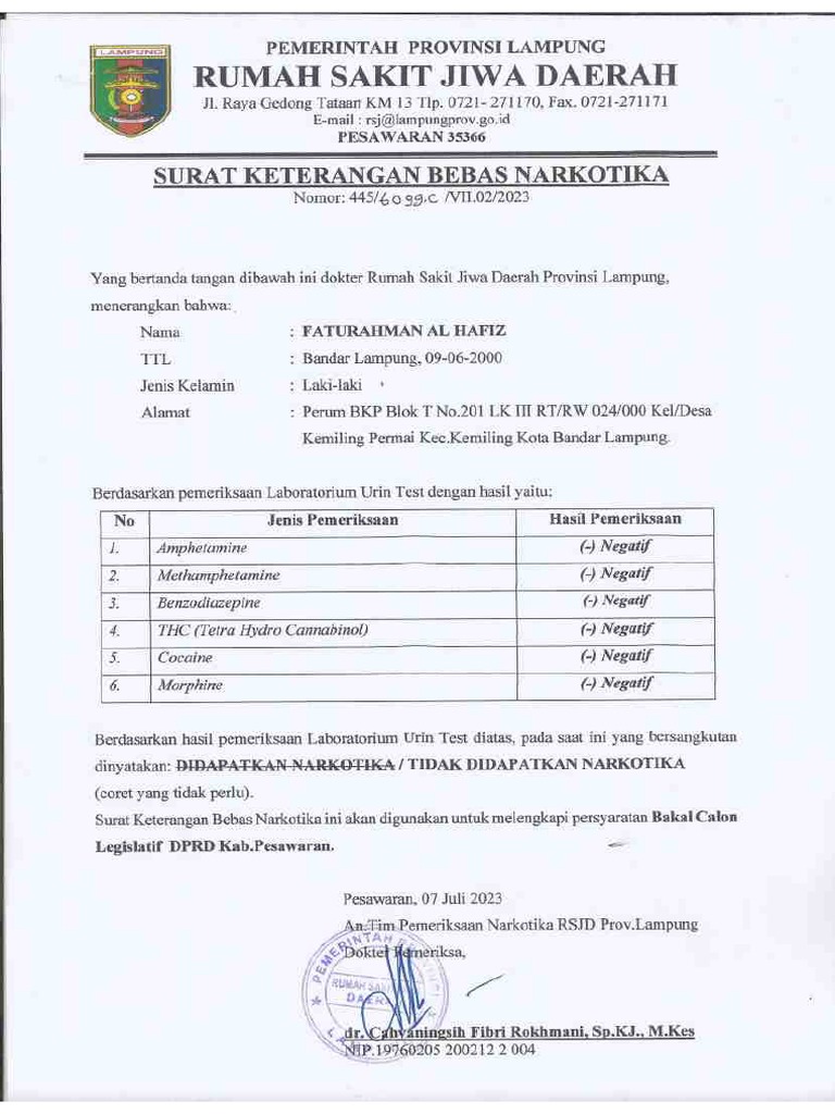 Surat Keterangan Bebas Narkoba | PDF