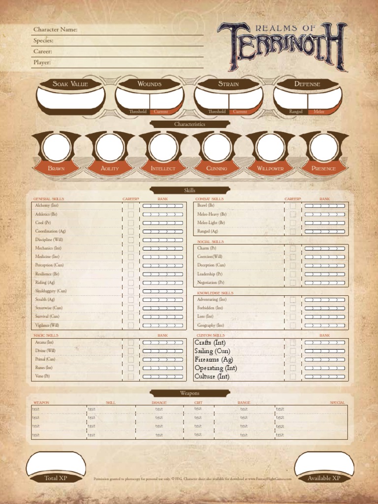 Terrinoth Character Sheet - Fillable | PDF