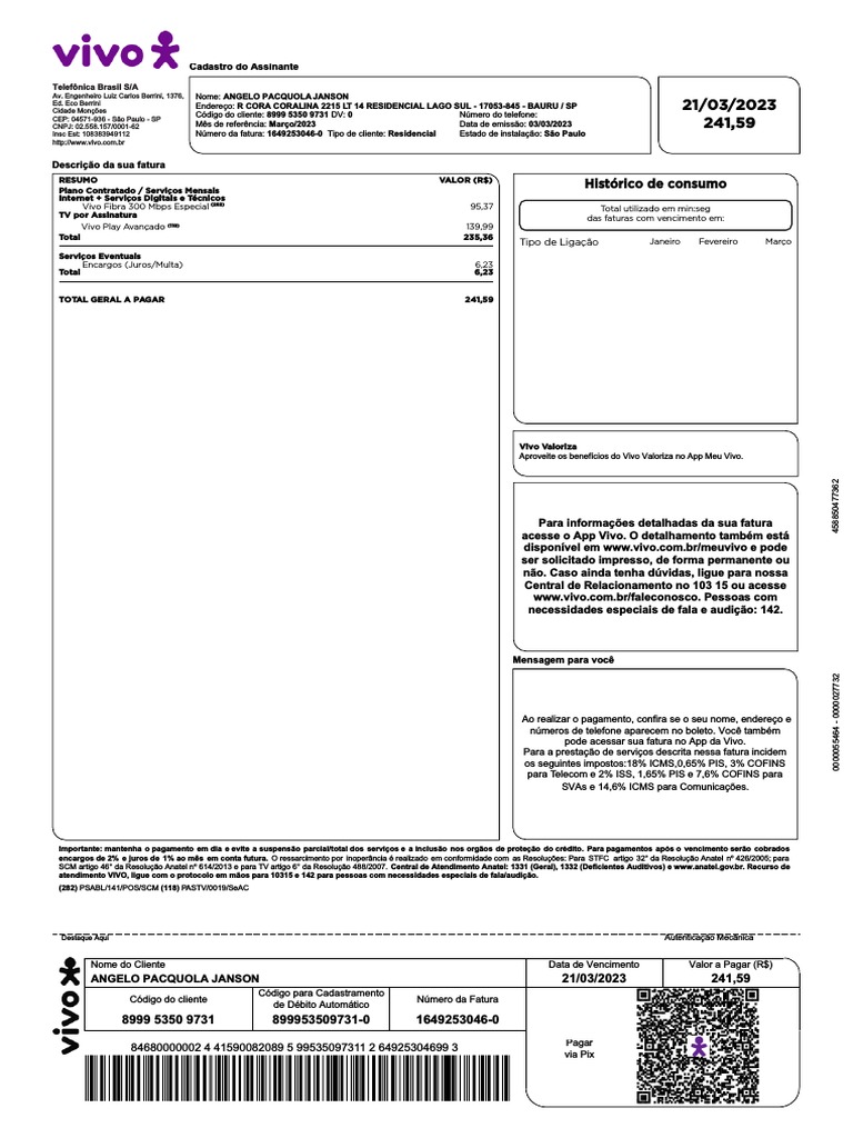 Vivo Fatura Segunda Via21-03-2023 | PDF Vivo Fatura Segunda Via21-03-2023 | PDF