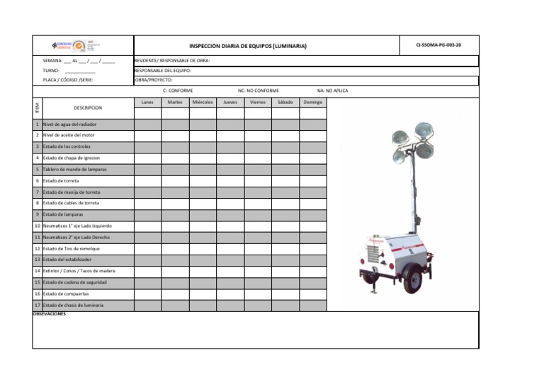 3 - Check List de Inspeccion de Terex de Iluminacion | PDF