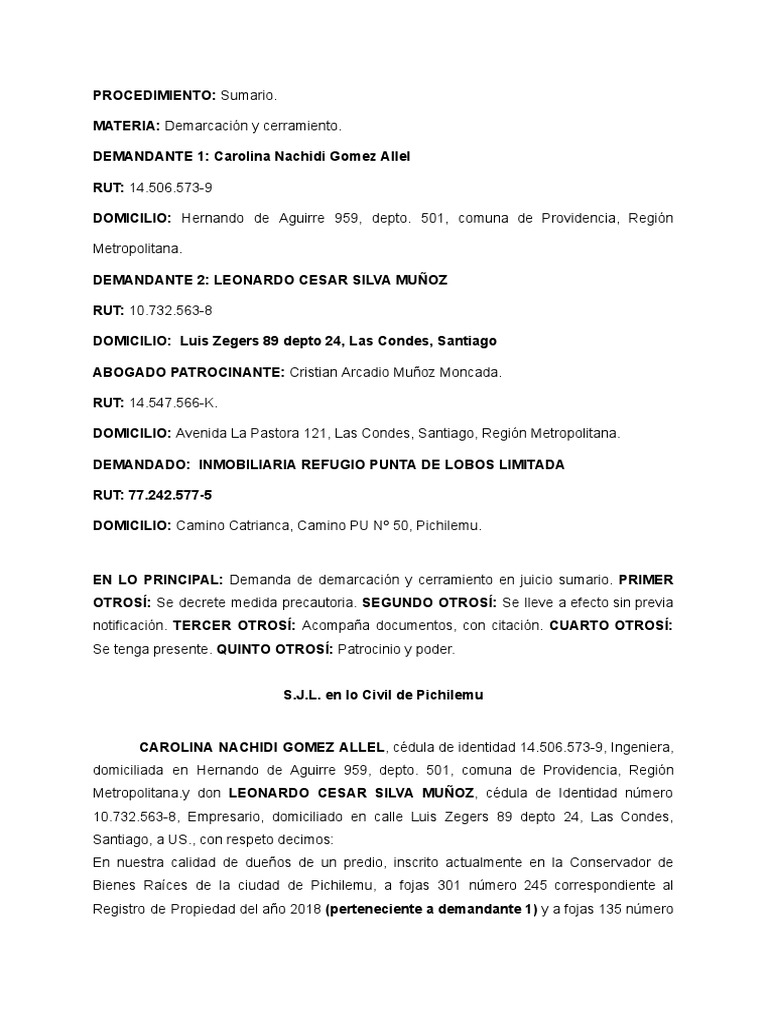 Demanda Demarcación y Cerramiento Lote 10 Versión Final | PDF