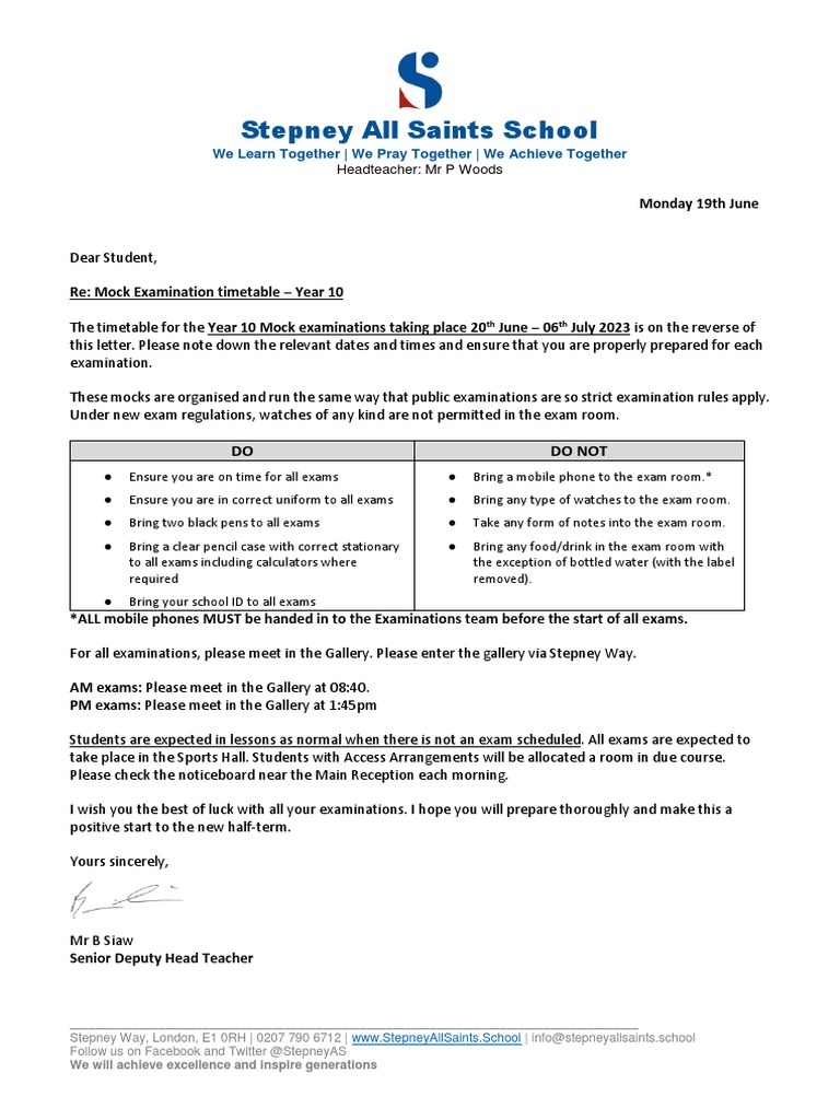 Year 10 Examinations Timetable June 2023 | PDF | Science