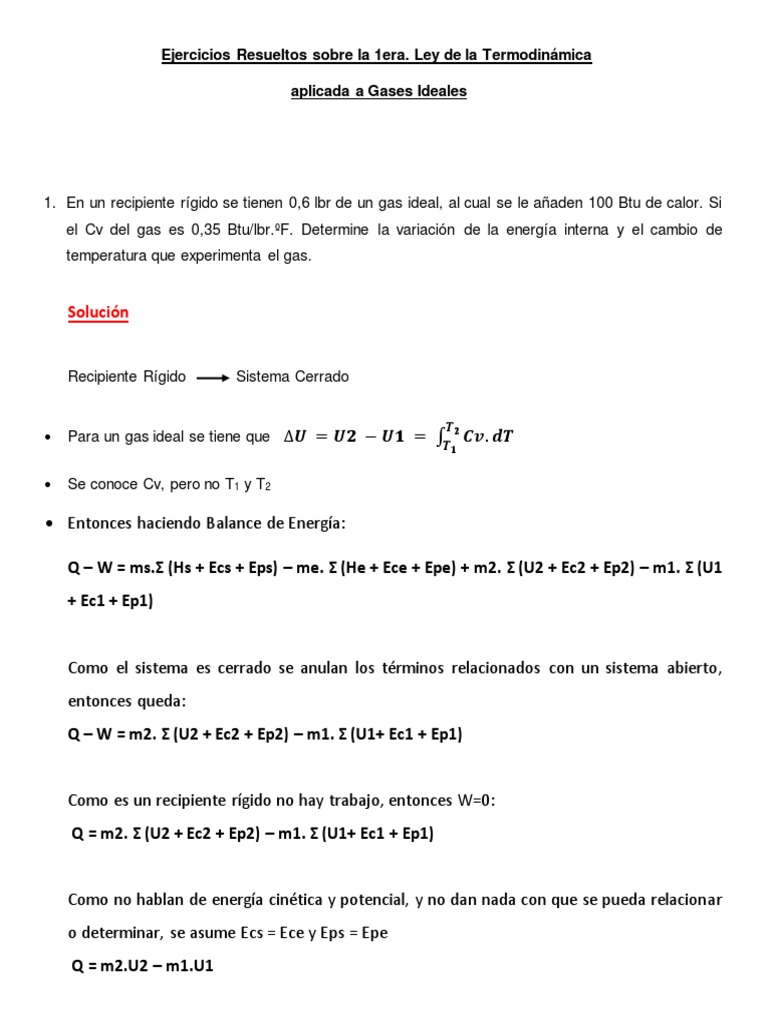 Ejercicios Resueltos 1era. Ley de La Termodinámica Aplicada A Gases Ideales | PDF