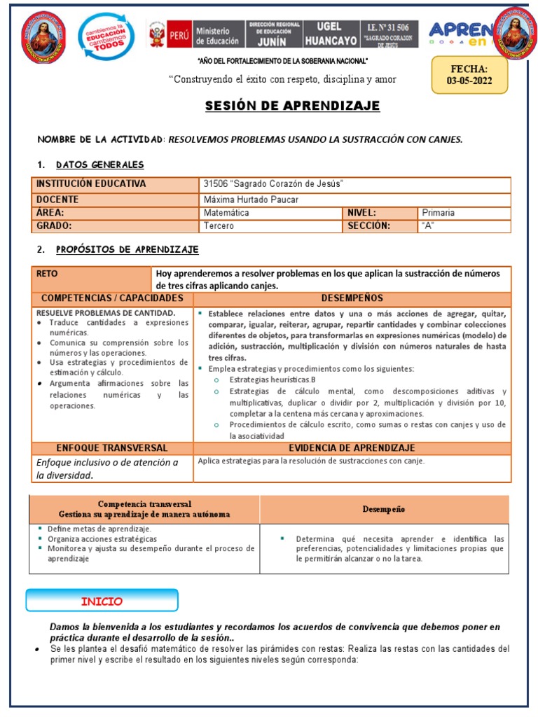 Sesion de Aprendizaje Matemática Tercer Grado de Primaria-Resolvemos Problemas | PDF