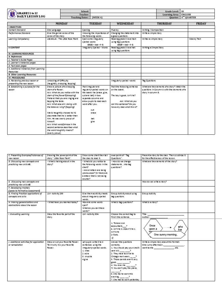 Grade 3 DLL English 3 Q4 Week 4 | PDF