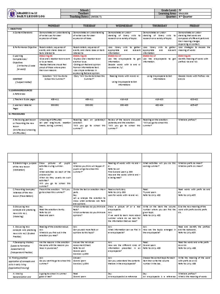 Grade 4 English Lesson Plan | PDF | Foreign Language Studies | Science ...