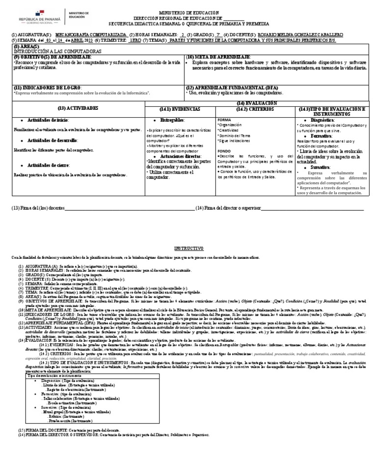 Formato - Planificación Semanal - Primaria y Premedia-1era | PDF