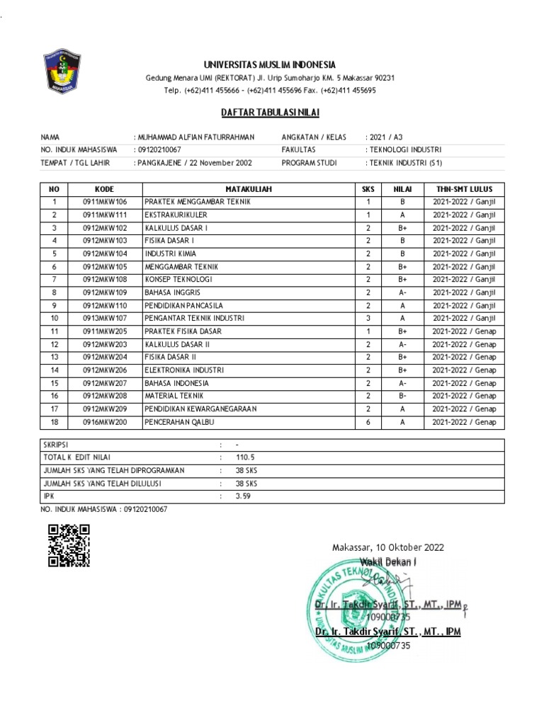 Print Transkrip Sementara 09120210067 | PDF
