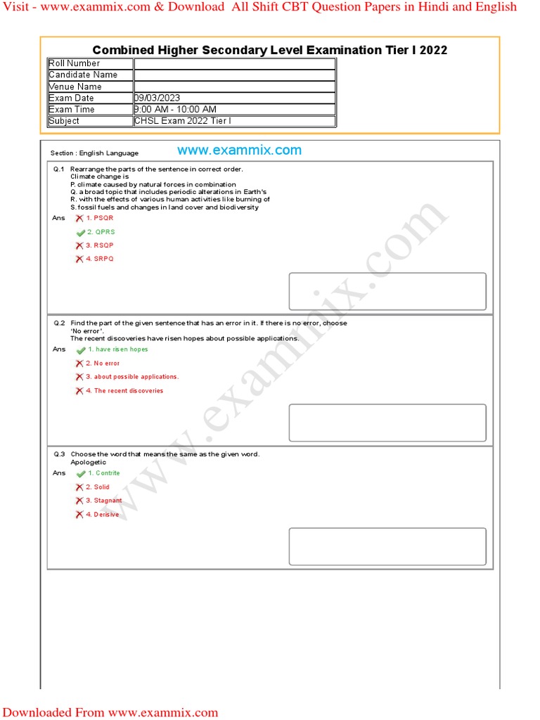 SSC CHSL Question Paper 2023 PDF All Shift in Hindi | PDF