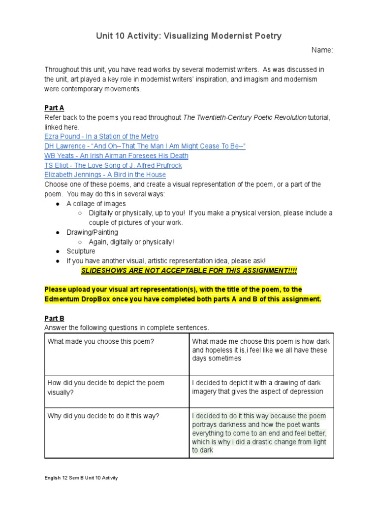 Unit 10 Activity - Visualizing Modernist Poetry Lauren | PDF