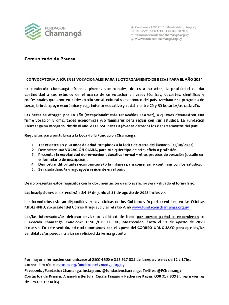 Comunicado de Prensa BECAS Fundación Chamangá 2024 | PDF