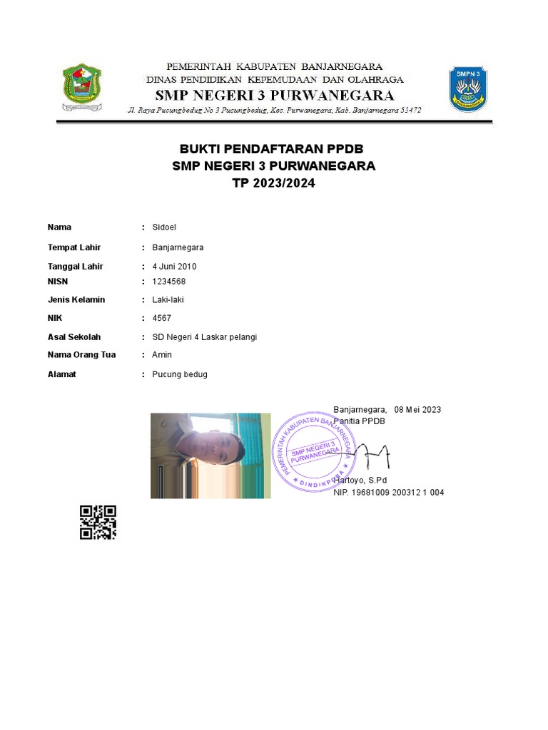 Formulir PPDB TP 2023 - 2024 (Jawaban) - Cetak Bukti Pendaftaran | PDF