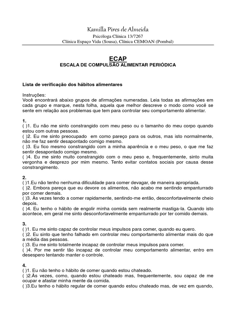 ESCALA DE COMPULSÃO ALIMENTAR PERIÓDICA | PDF