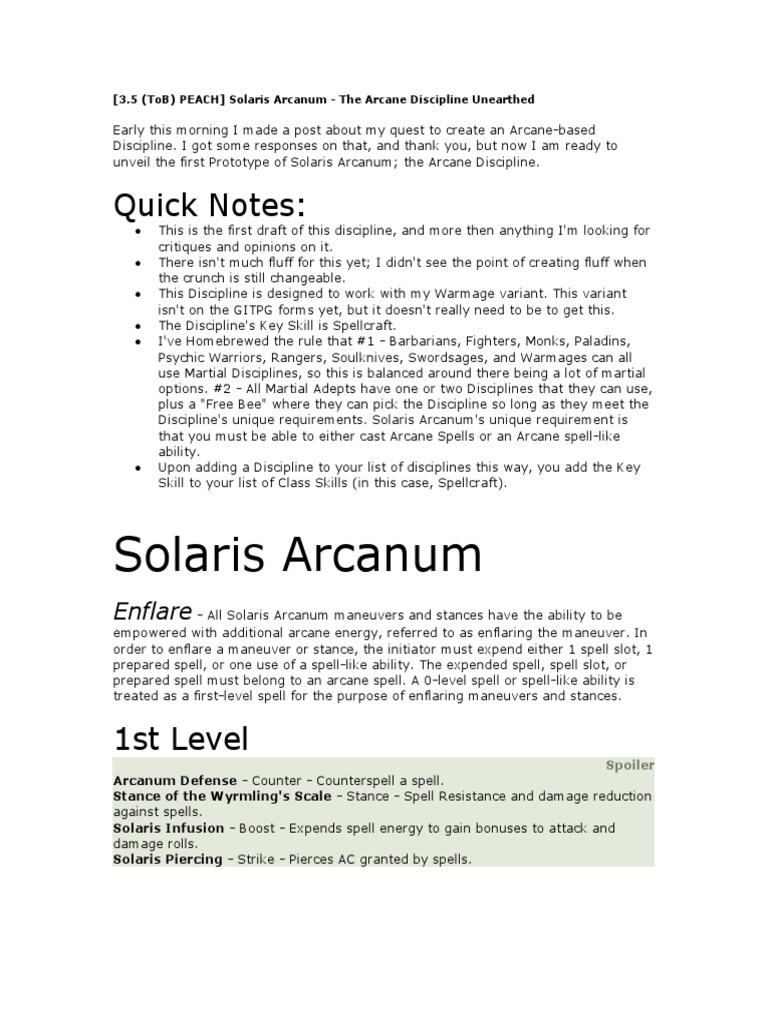 (3.5 (ToB) PEACH) Solaris Arcanum - The Arcane Discipline Unearthed - Golden-Esque (GitP) | PDF