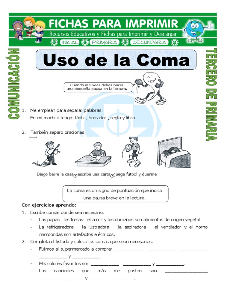 Ficha Uso de La Coma para Tercero de Primaria | PDF