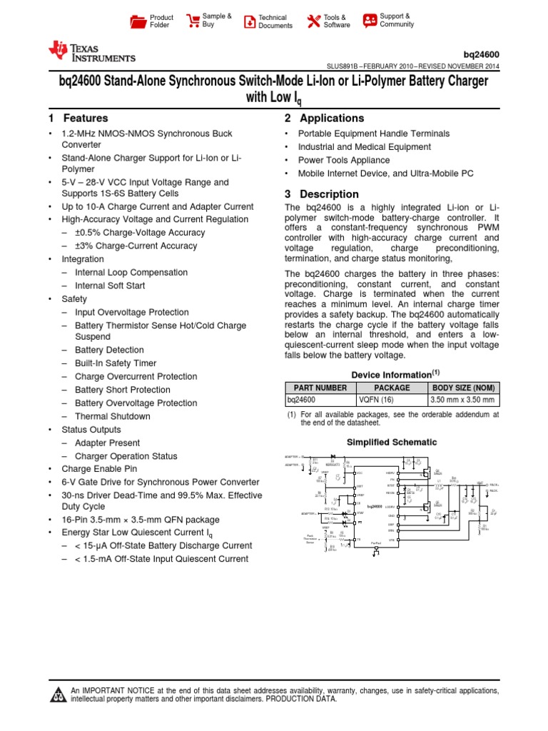 BQ 24600 | PDF | Battery Charger | Lithium Ion Battery