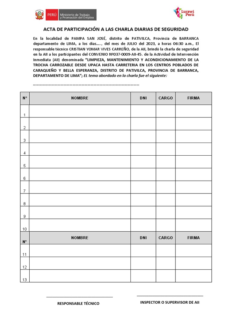 Acta de Charla de Seguridad - Diaria | PDF
