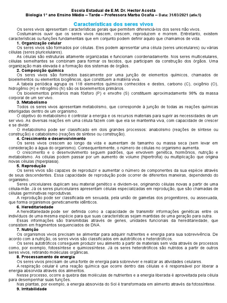 01 Caracteristicas Dos Seres Vivos | PDF | Organismos | Célula (Biologia)