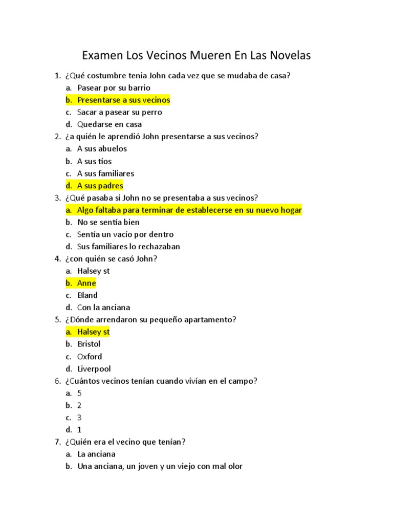 Examen sobre "Los Vecinos Mueren" | PDF