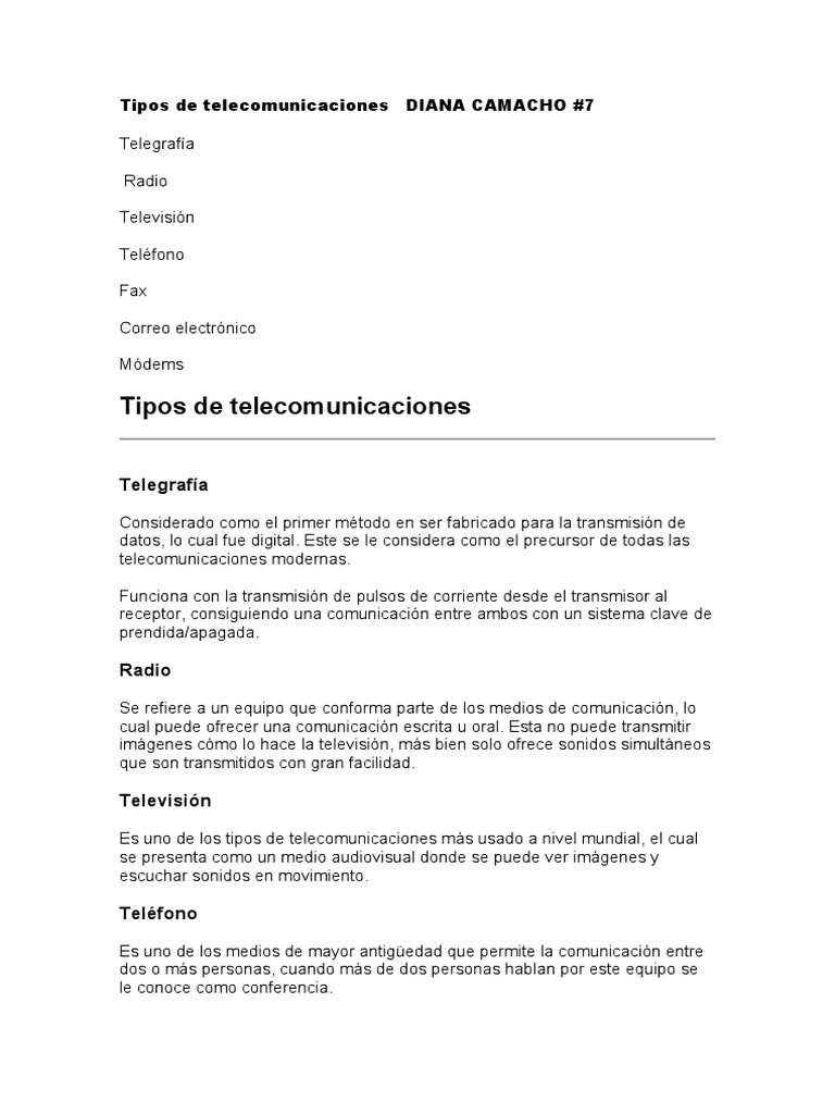 Tipos de Telecomunicaciones DIANA CAMACHO | PDF