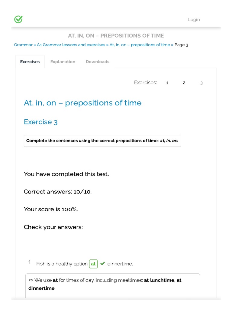 At, In, On - Prepositions of Time - Page 3 of 3 - Test-English | PDF