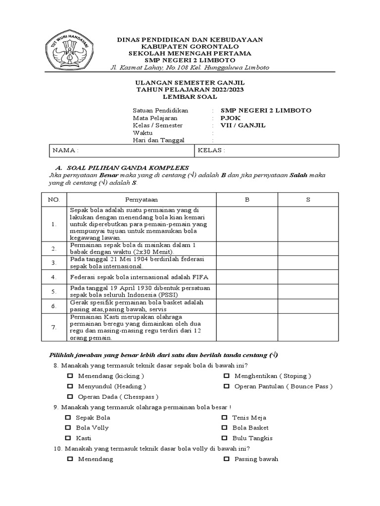 Soal PJOK Kelas VII Semester Ganjil | PDF