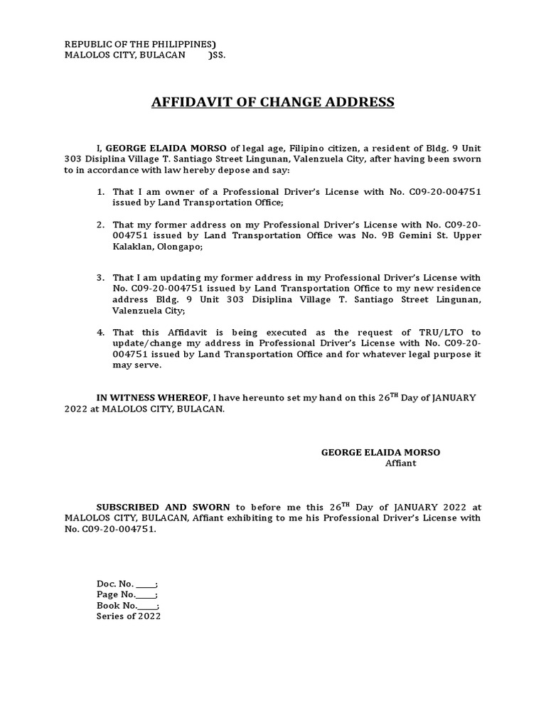 Affidavit for Change of Address | PDF