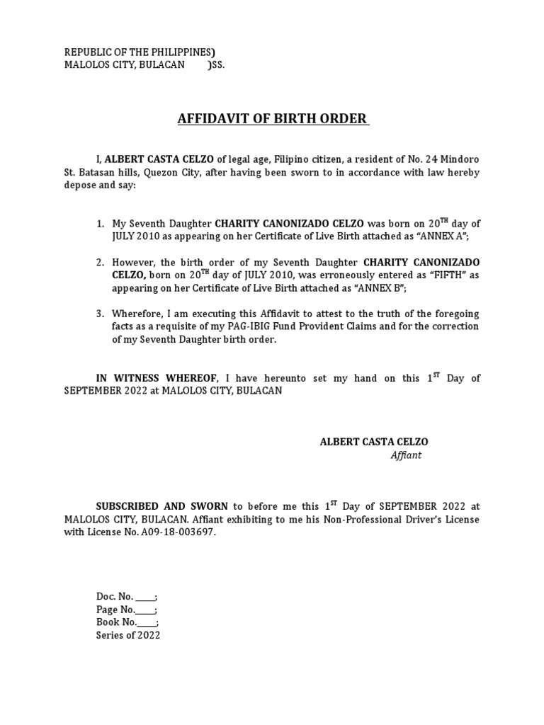 Affidavit of Birth Order | PDF