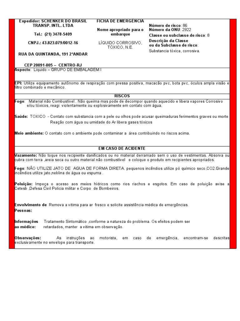 Ficha de Emergência: Líquido Corrosivo 2922 | PDF | Química | Natureza