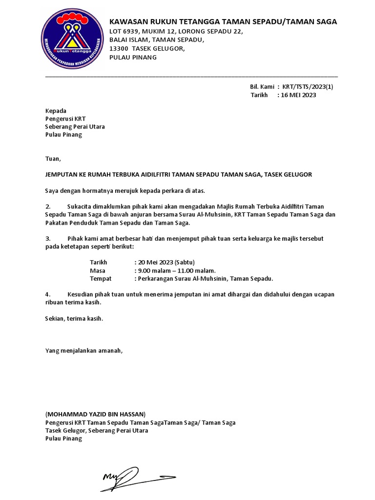 Surat Jemputan Jamuan Raya KRT 2023 | PDF