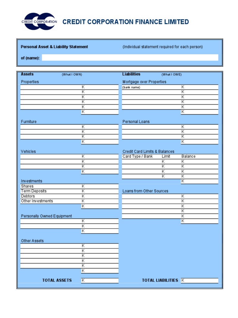 Personal Asset & Liability Statement | PDF | Credit | Finance & Money ...