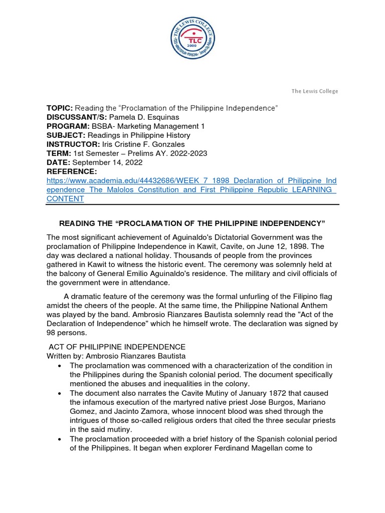 Ho - Reading The Proclamation of The Philippine Independecy - Readings ...