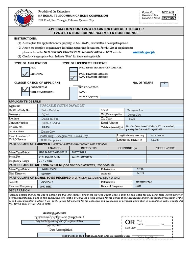 Form No. NTC 1 22 Application For Tvro Renewal Signed | PDF ...