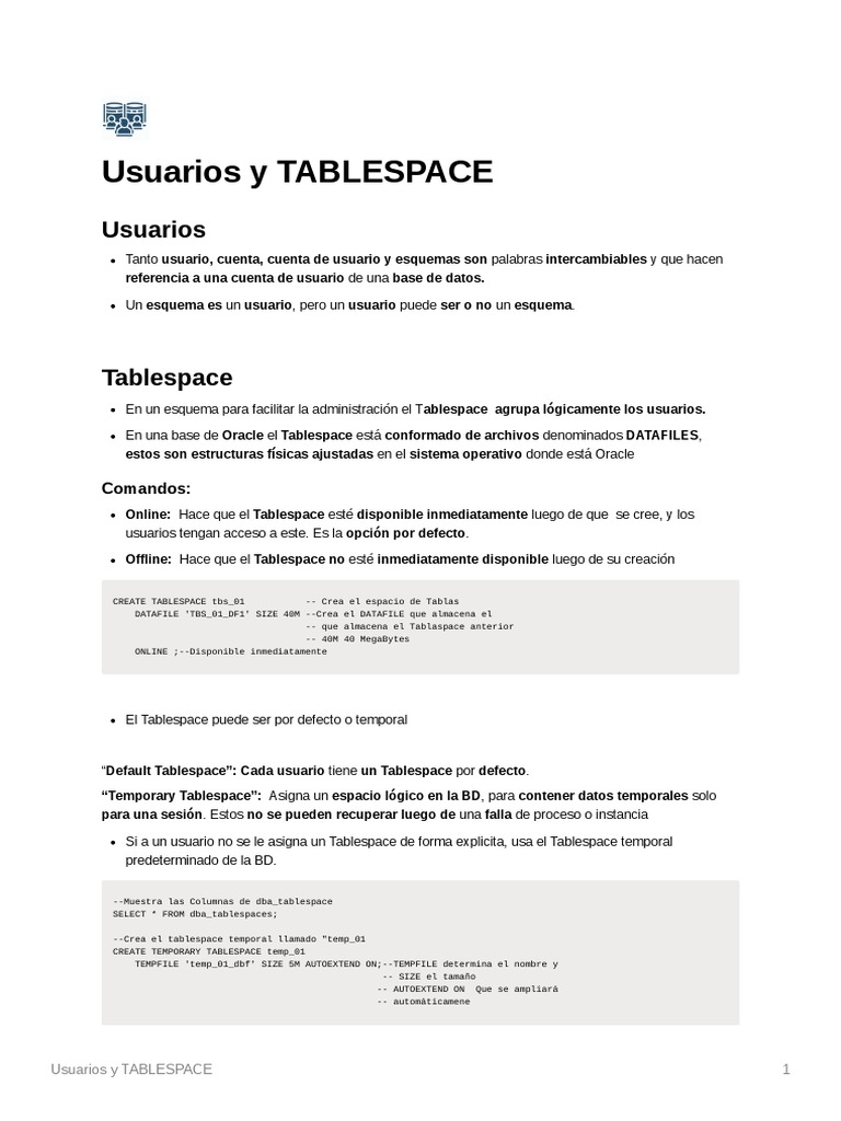 Usuarios y TABLESPACE en Oracle SQL Developer | PDF