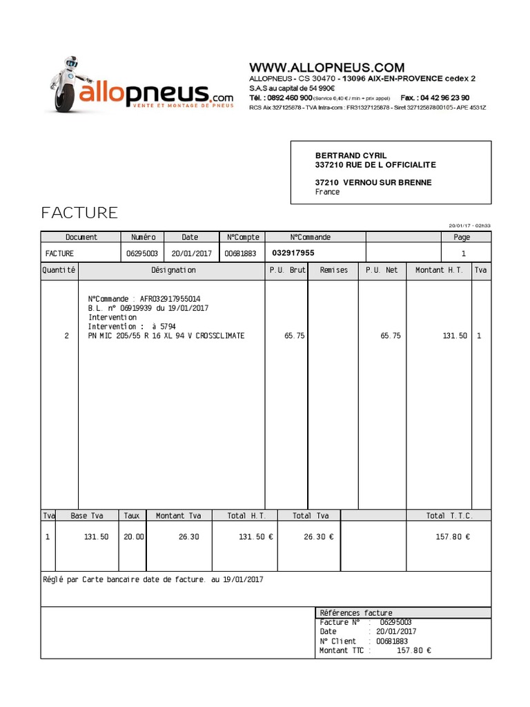 Facture Allo Pneu | PDF