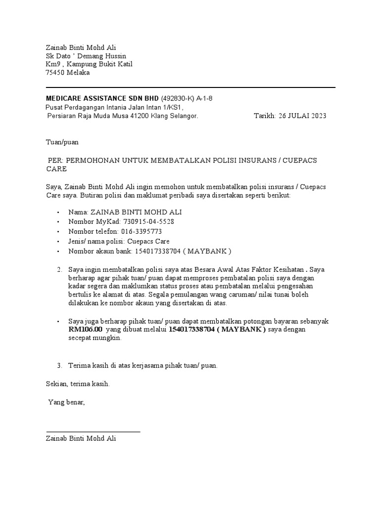 Contoh Surat Pembatalan Polisi Insurans Atau Takaful | PDF