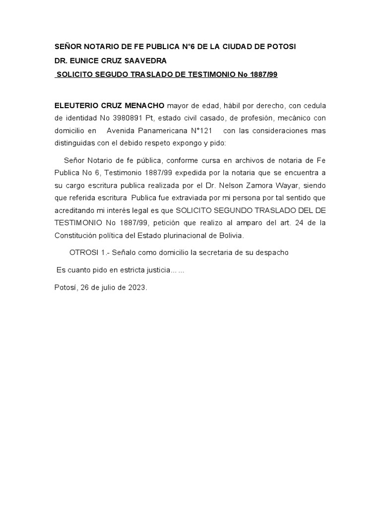 Solicitud de Segundo Traslado Testimonio | PDF Solicitud de Segundo Traslado Testimonio | PDF