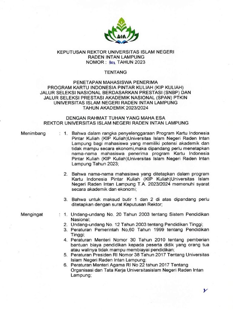 SK Calon Penerima Beasiswa KIP Kuliah UIN RIL Tahun 2023 | PDF