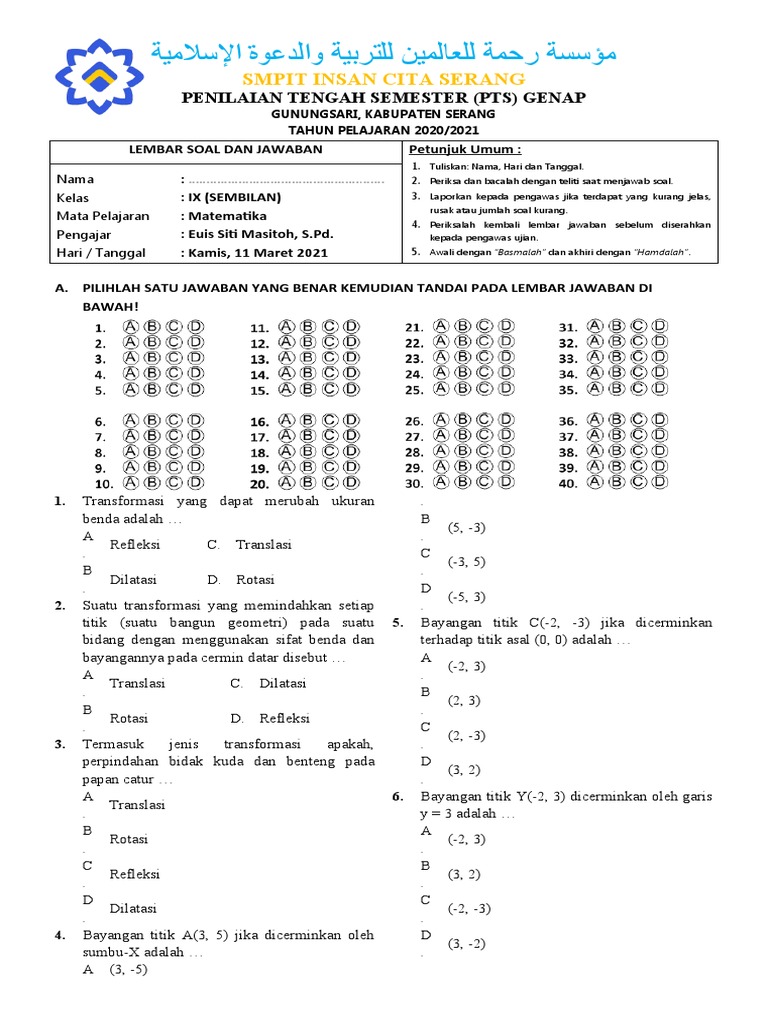 Soal PTS MTK Kelas 9 Genap | PDF