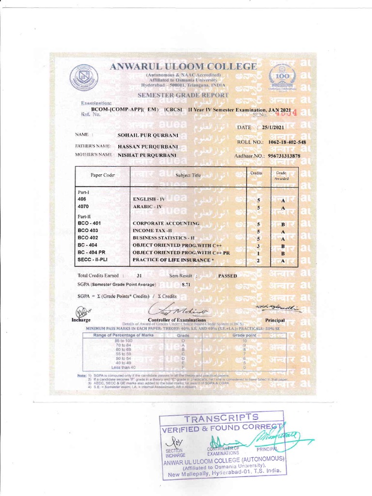 Sem 4 Transcript | PDF