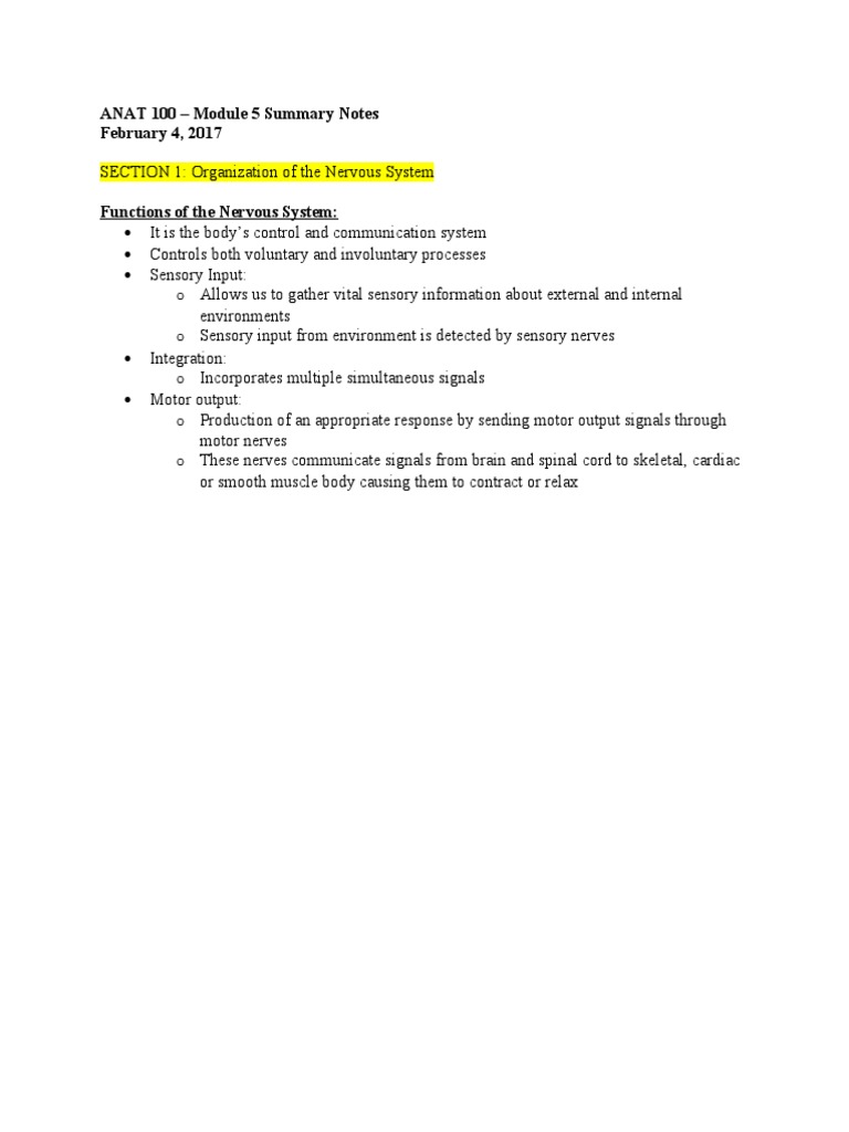 ANAT 100 - Module 5 Summary Notes | PDF