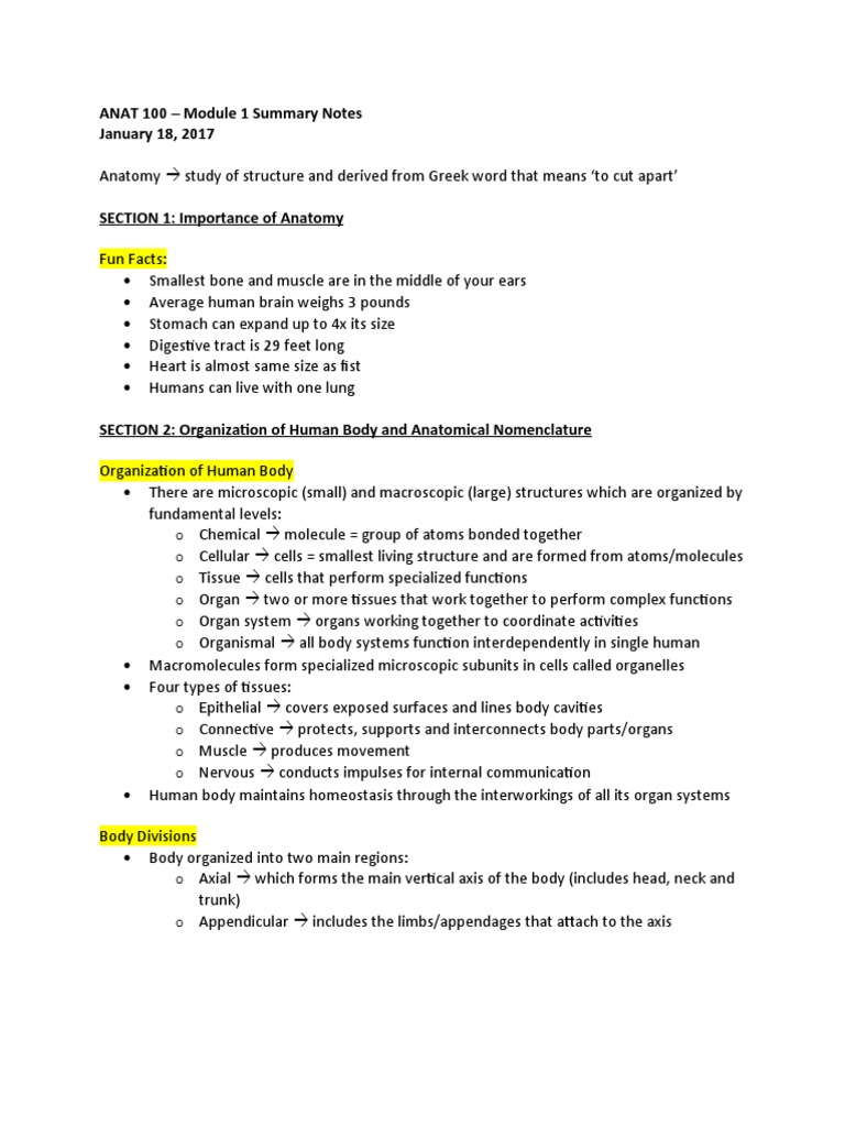ANAT 100 - Module 1 Summary Notes | PDF | Epithelium | Connective Tissue