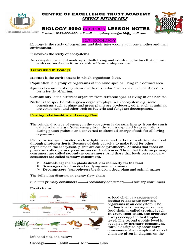 12.7. Ecology Lesson Notes - Centre of Excellence Trust Academy | PDF