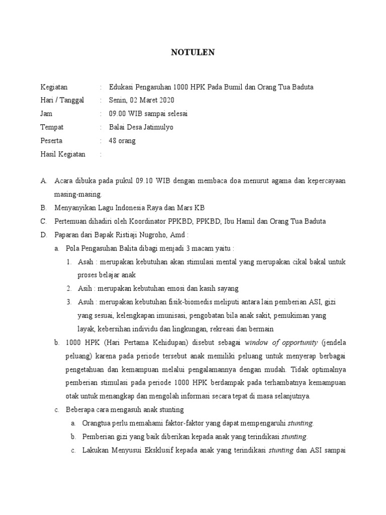 Notulen Edukasi 1000 HPK Jatimulyo | PDF