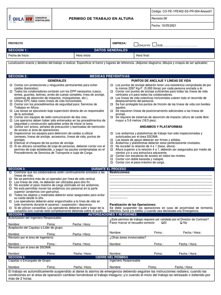 CO PE 1PE402 SS PR 003 Anexo01 PETAR Trabajo en Altura Rev. 00 | PDF ...