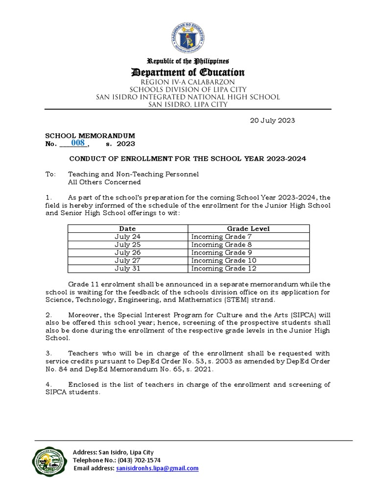 Enrollment Schedule SY 2023-2024 | PDF | Science
