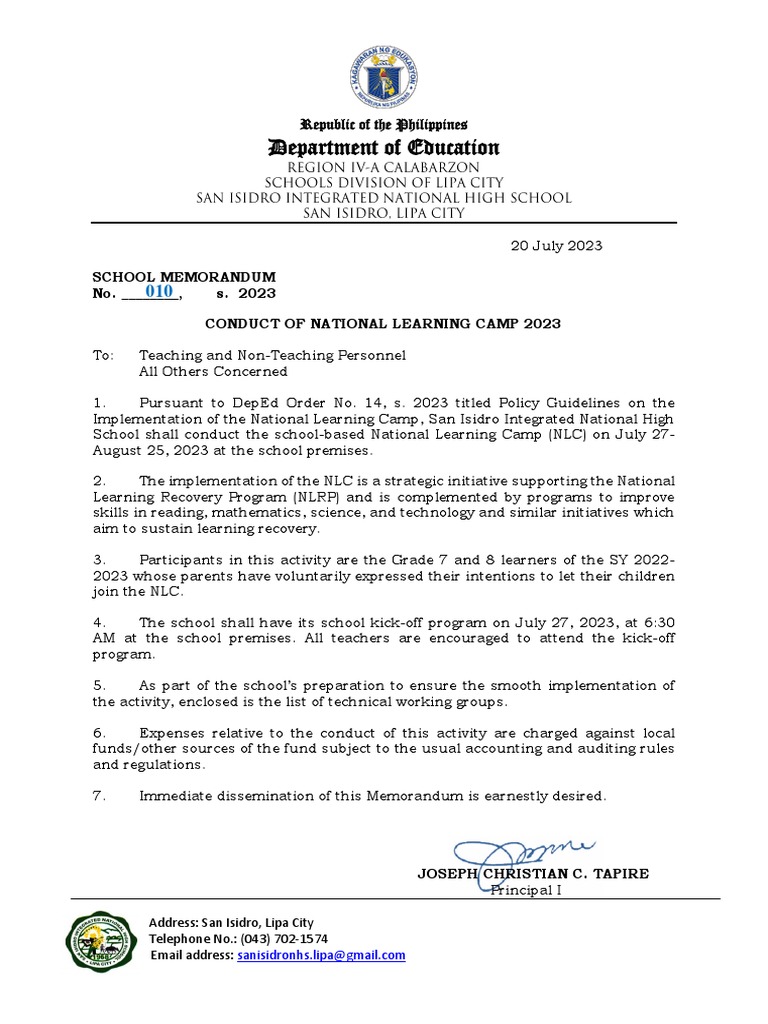 National Learning Camp 2023 Memo | PDF | Learning