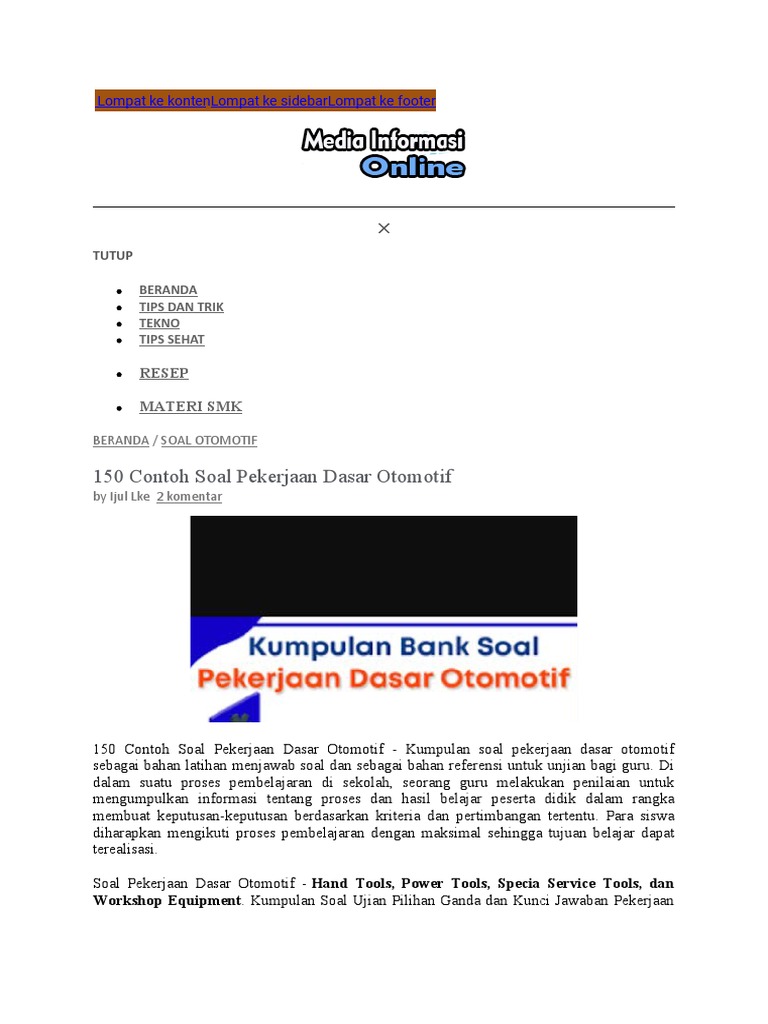 150 Contoh Soal Pekerjaan Dasar Otomotif: Resep Materi SMK | PDF